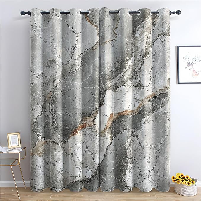 Gray Marble Curtains Set, Abstract Blackout Curtains For Living Room ...