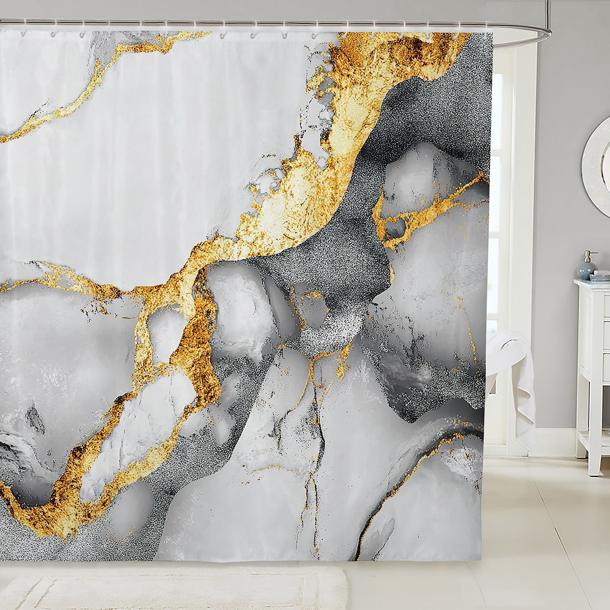 Gray Marble Fabric Shower Curtain 72" W X 84" L Gold Metallic Bathroom ...