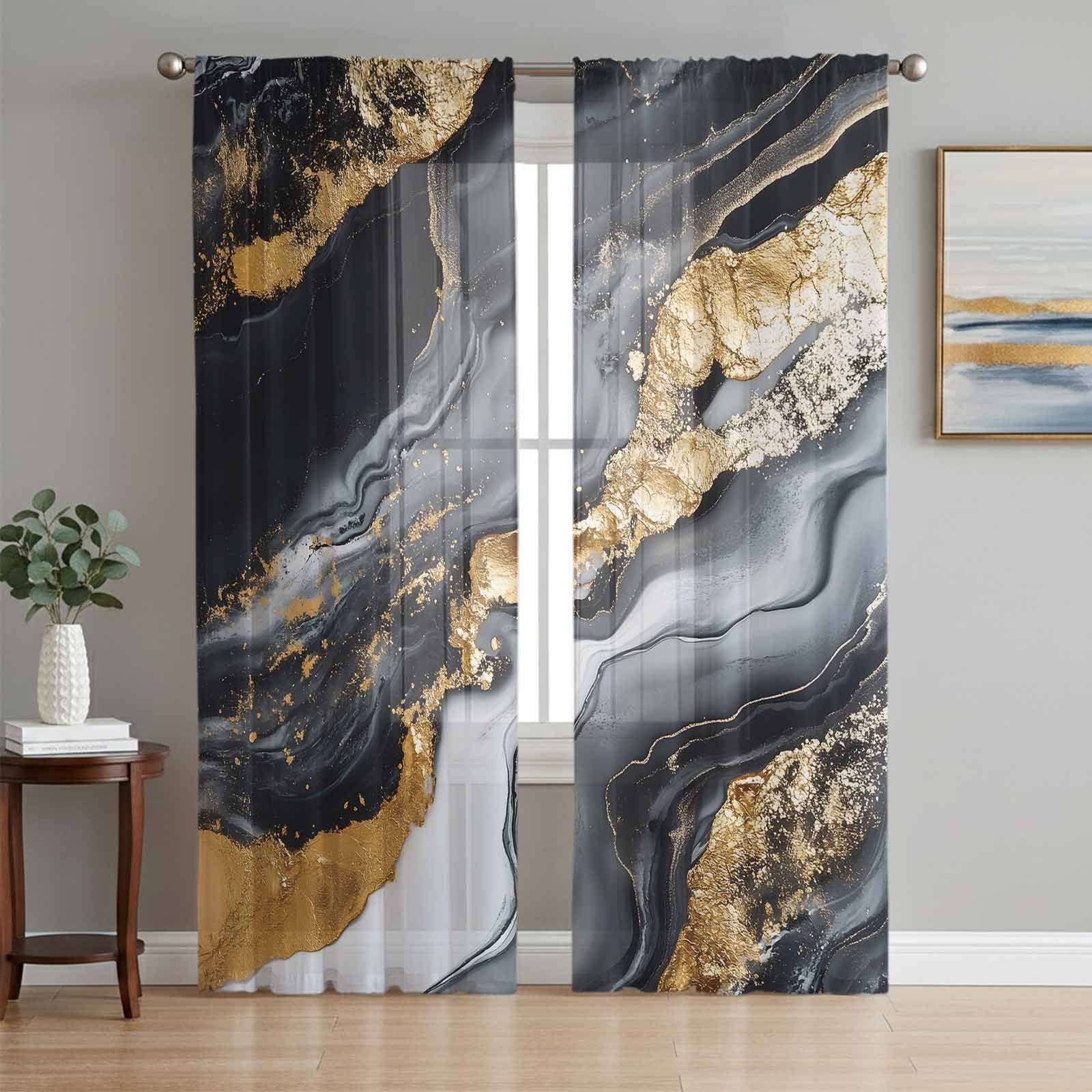 Gray Marble Semi Sheer Curtains 72 Inch Length 2 Panels Set, Yellow ...