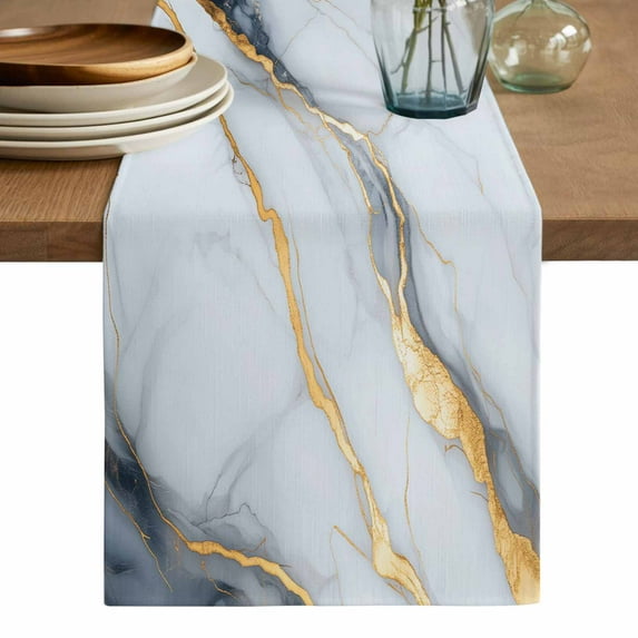 Gray Marble Table Runner, Modern Ink Painting Art Abstract Washable ...