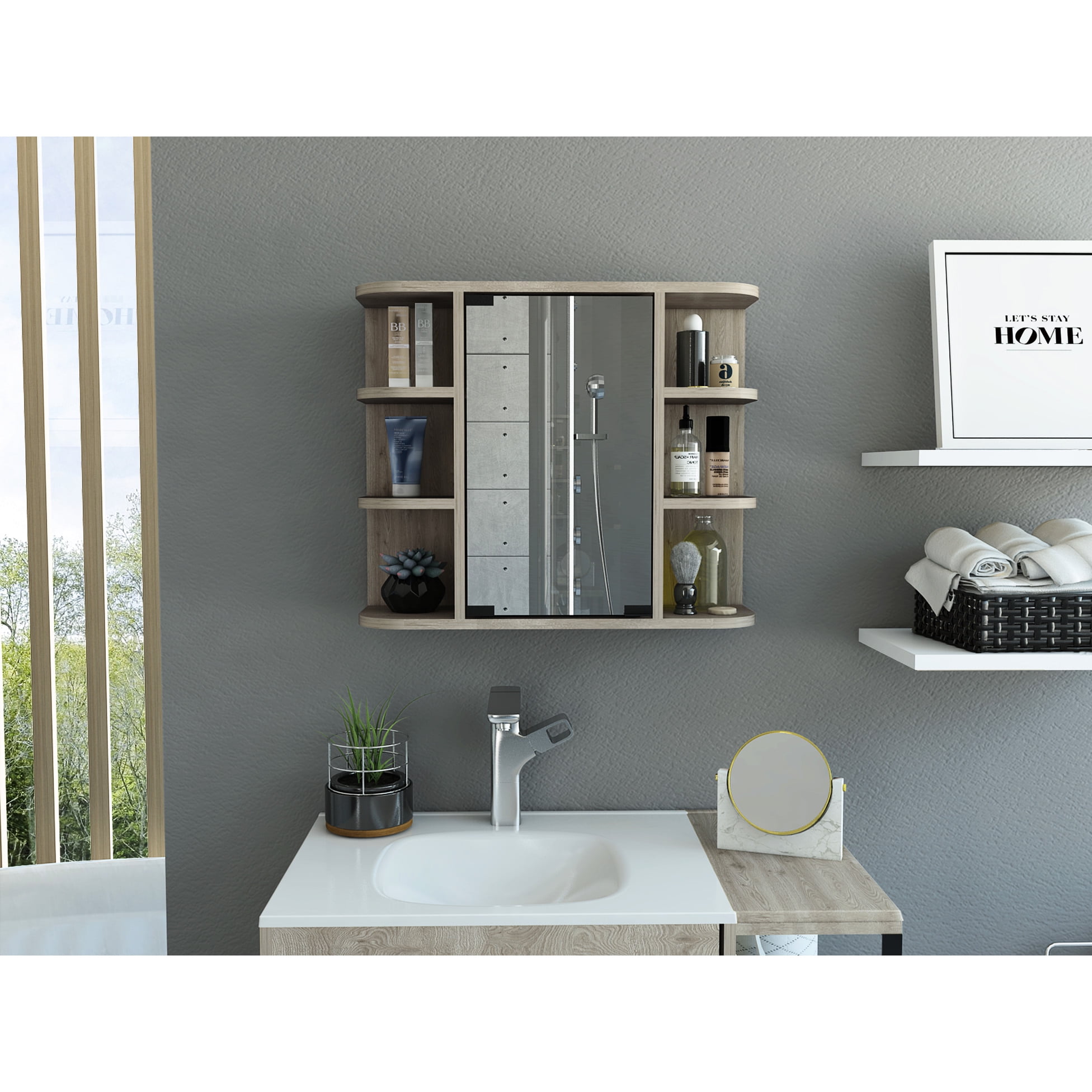 Gray Medicine Cabinet Featuring Six External Shelves Mirror And Three ...