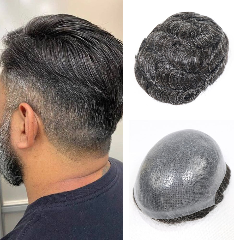 Gray Men's Toupee Human Hair Capillary Prothesis 0.06-0.08mm Full PU ...