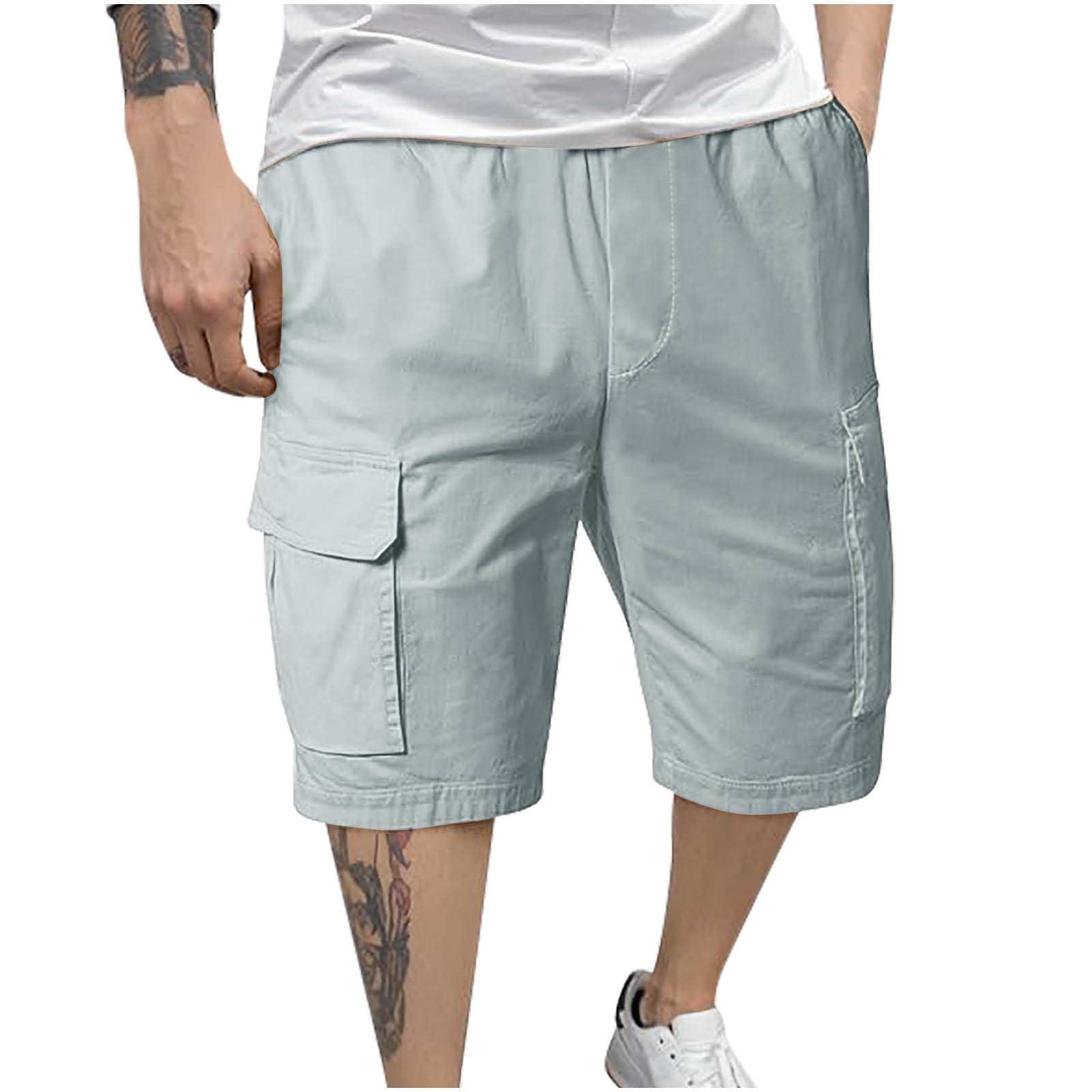 Gray Mens Ruched Paperbag Straight Leg Basic Shorts Graphic Loose Fit ...
