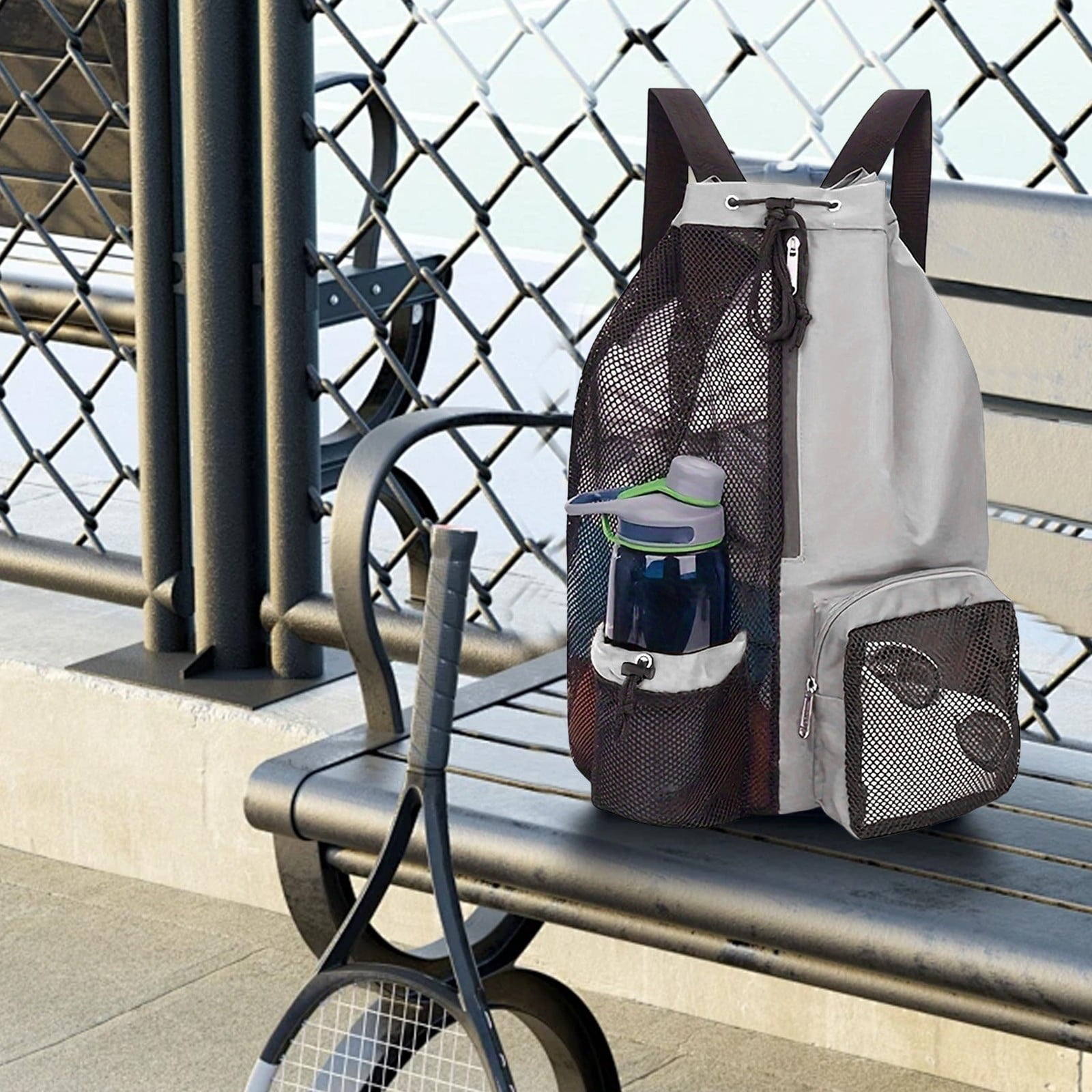 Gray Mesh Drawstring Swim Bag With Wet Pocket For Gym Or Beach Gray ...