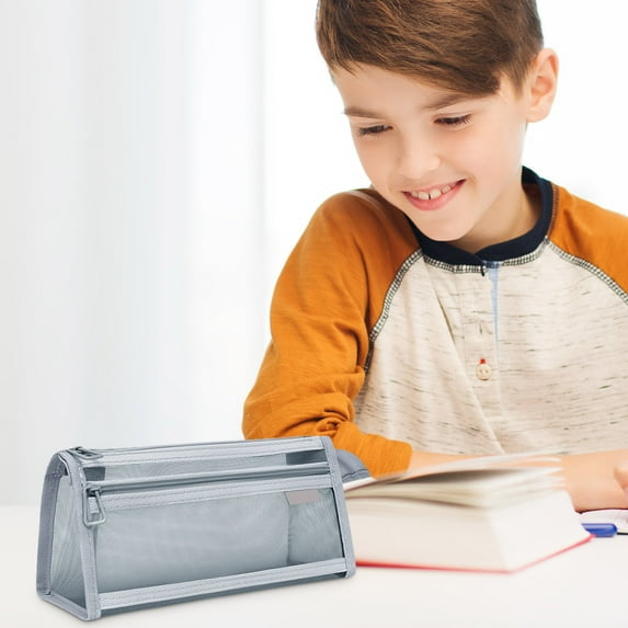 Gray Mesh Pencil Case with Transparent Design, Zippered Stationery Bag ...