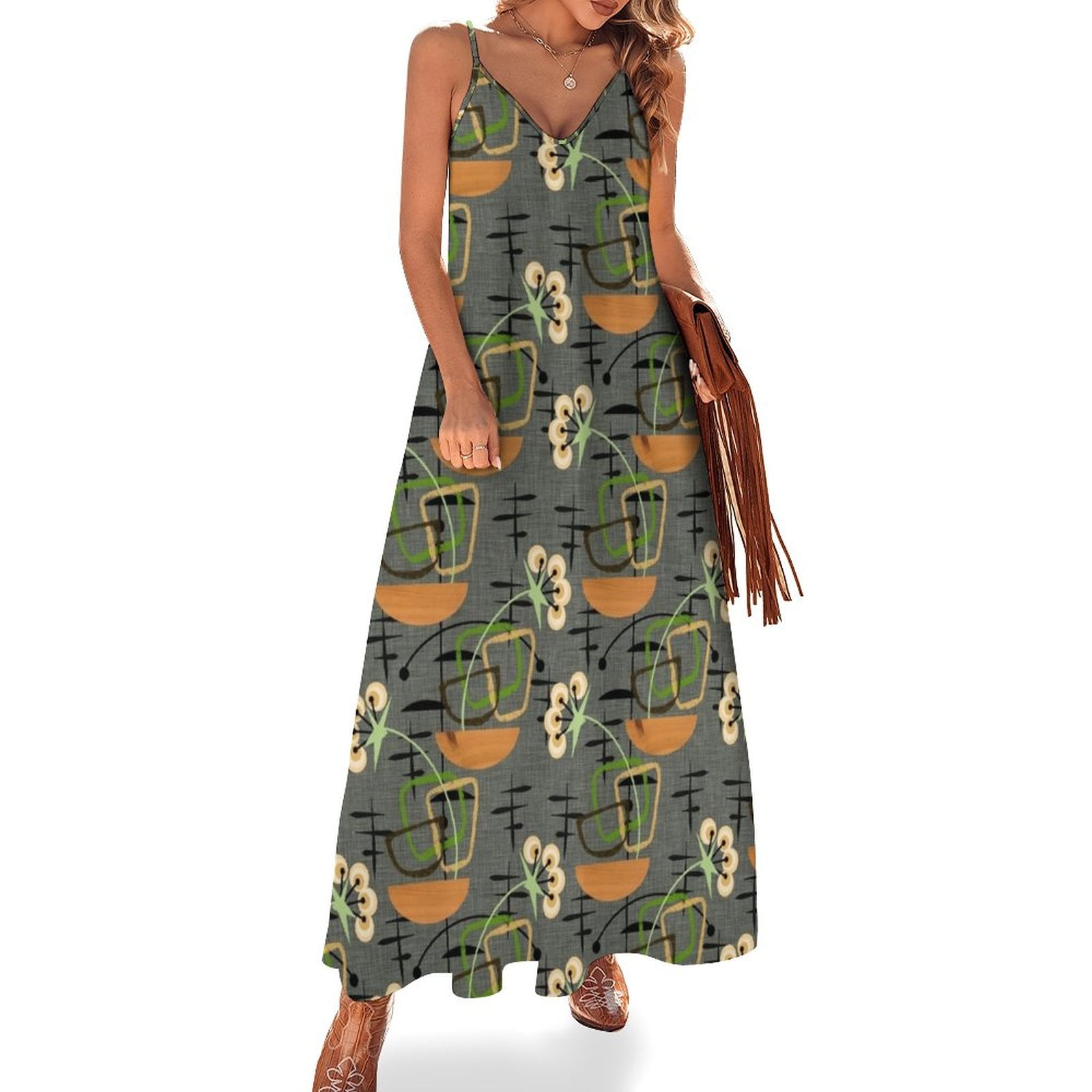 Gray Mid-Century Modern Houseplants Atomic Patterns Sleeveless Dress ...