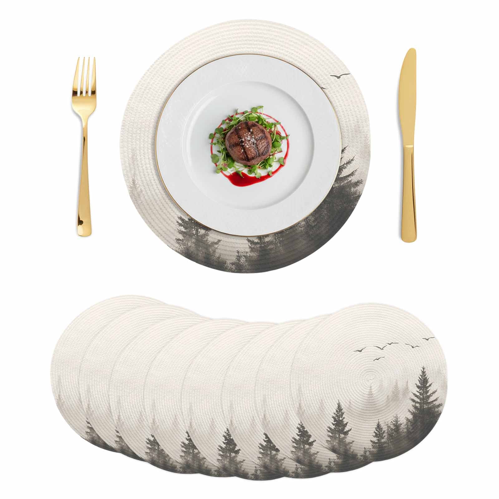Gray Mist Forest Round Placemats Set of 8 Vintage Trees Birds Natural ...