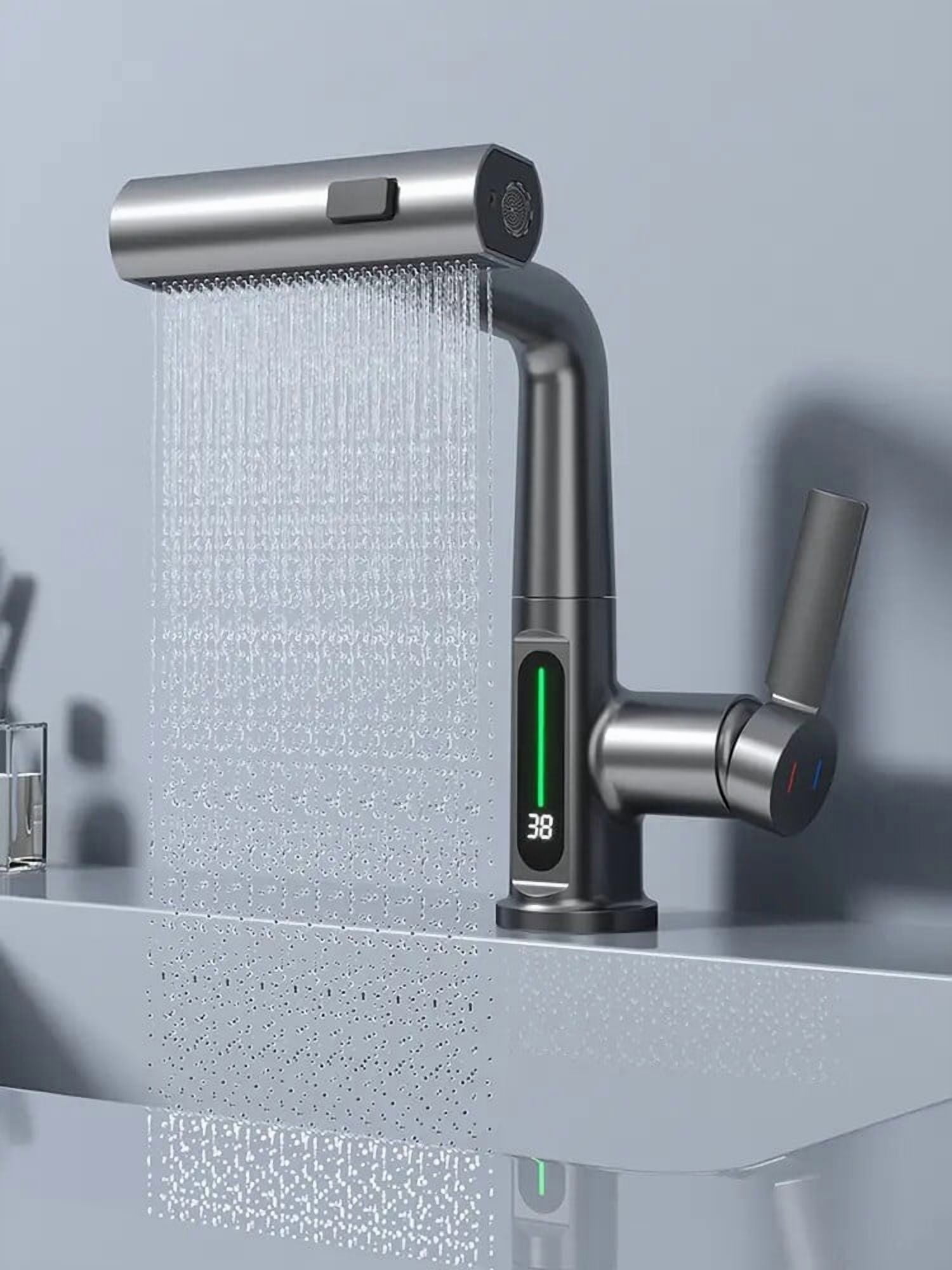 Gray Mixer Tap Waterfall Sink Faucet with Temperature Display, Pull Out ...