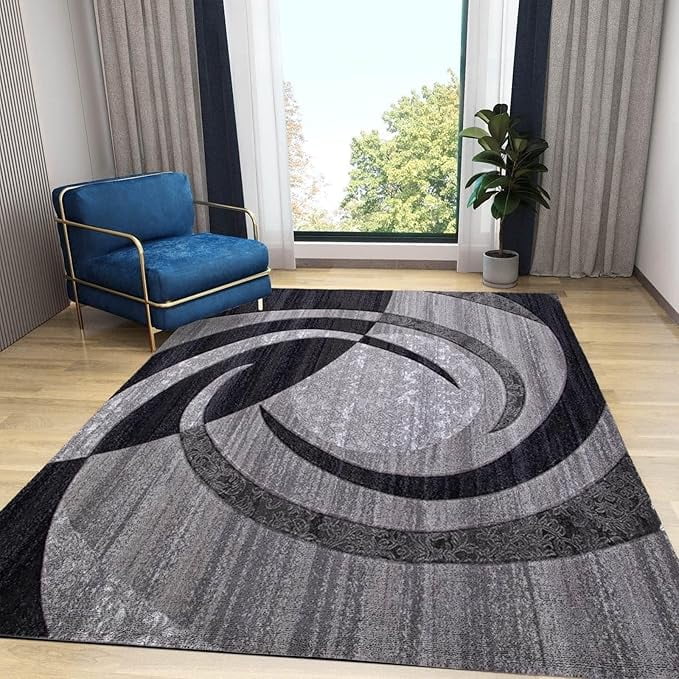 Gray Modern Area Rug, Abstract Black Lines Indoor Rugs Carpet With ...