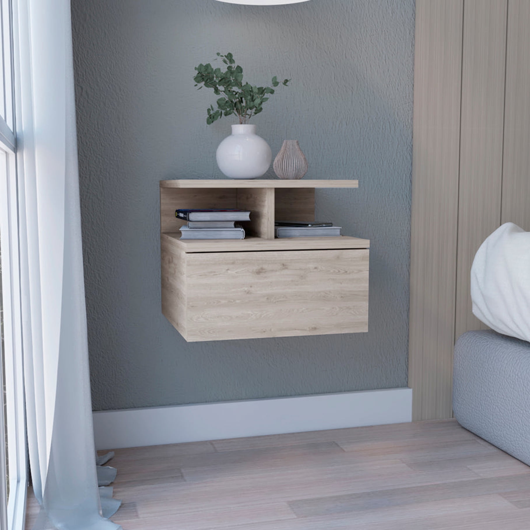 Gray Modern Nightstand With Wall Mount, Single Drawer And 2 Shelf, 12 ...