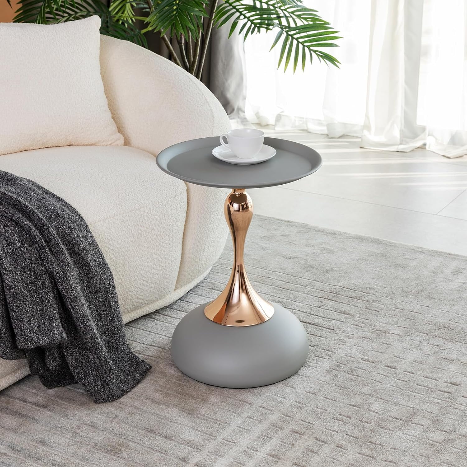Gray Modern Round End Table - Minimalist Pedestal Side Table Drink ...