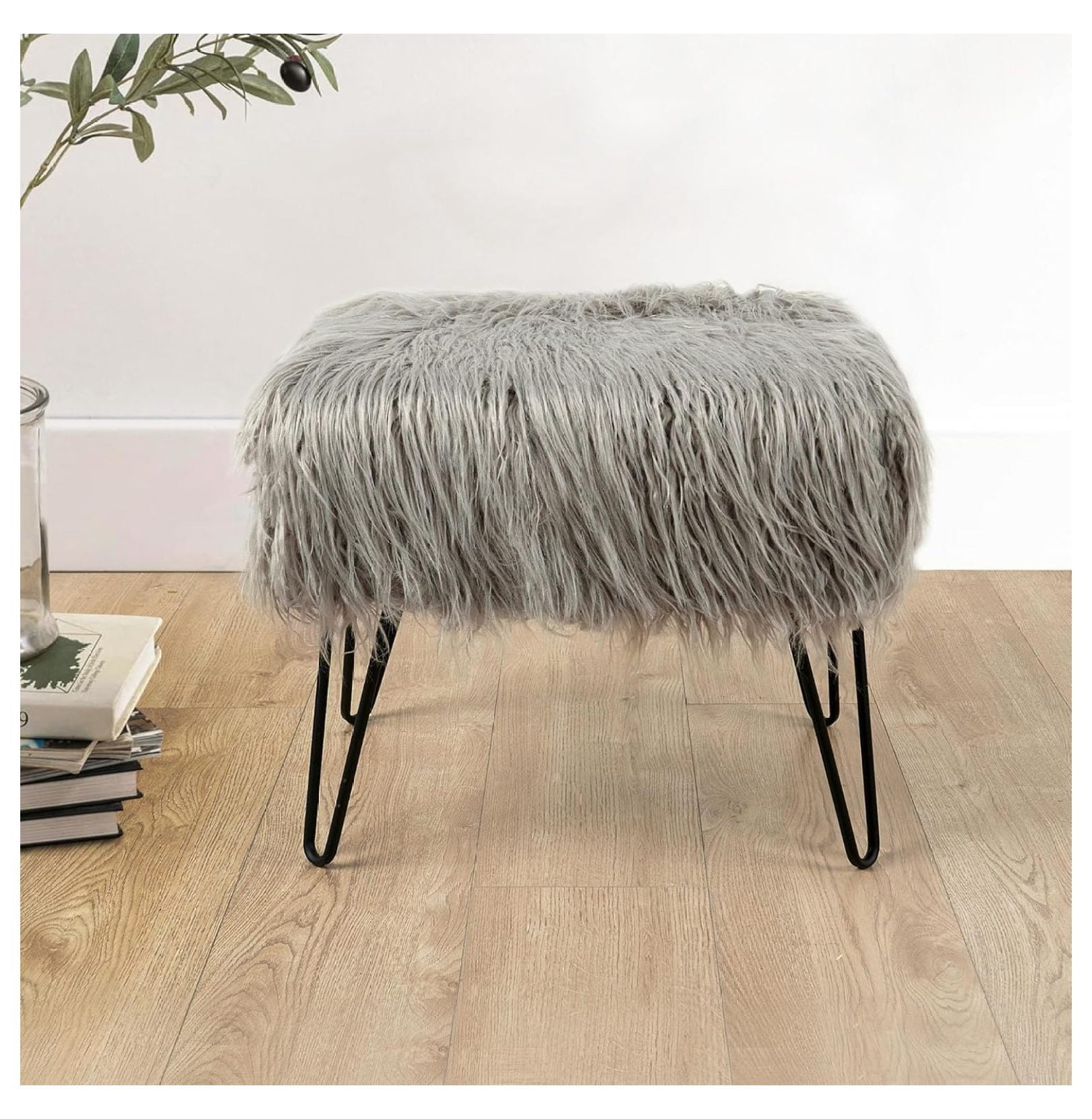 Gray Mongolian Faux Fur Ottomam Grey 19'' x 13'' x 17'' Cozy Plush ...