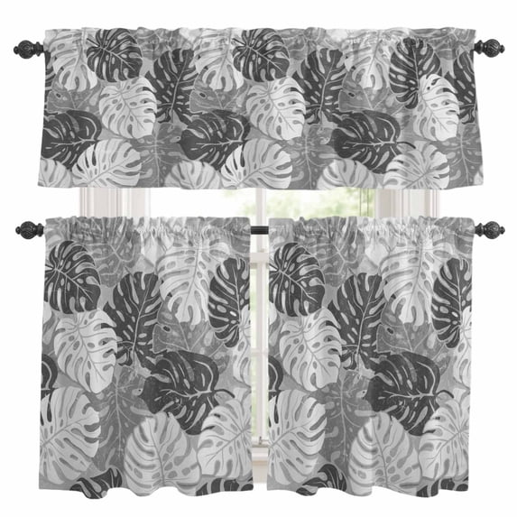 Gray Monstera Leaves Kitchen Curtains Set for Windows, Botanical Summer ...