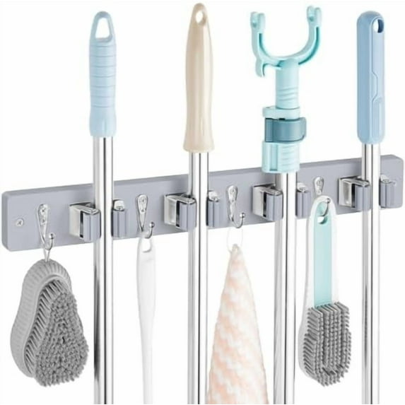 Gray Mop Broom Holder Wall Mount with 4 Slots & 4 Hooks - Wood Broom ...