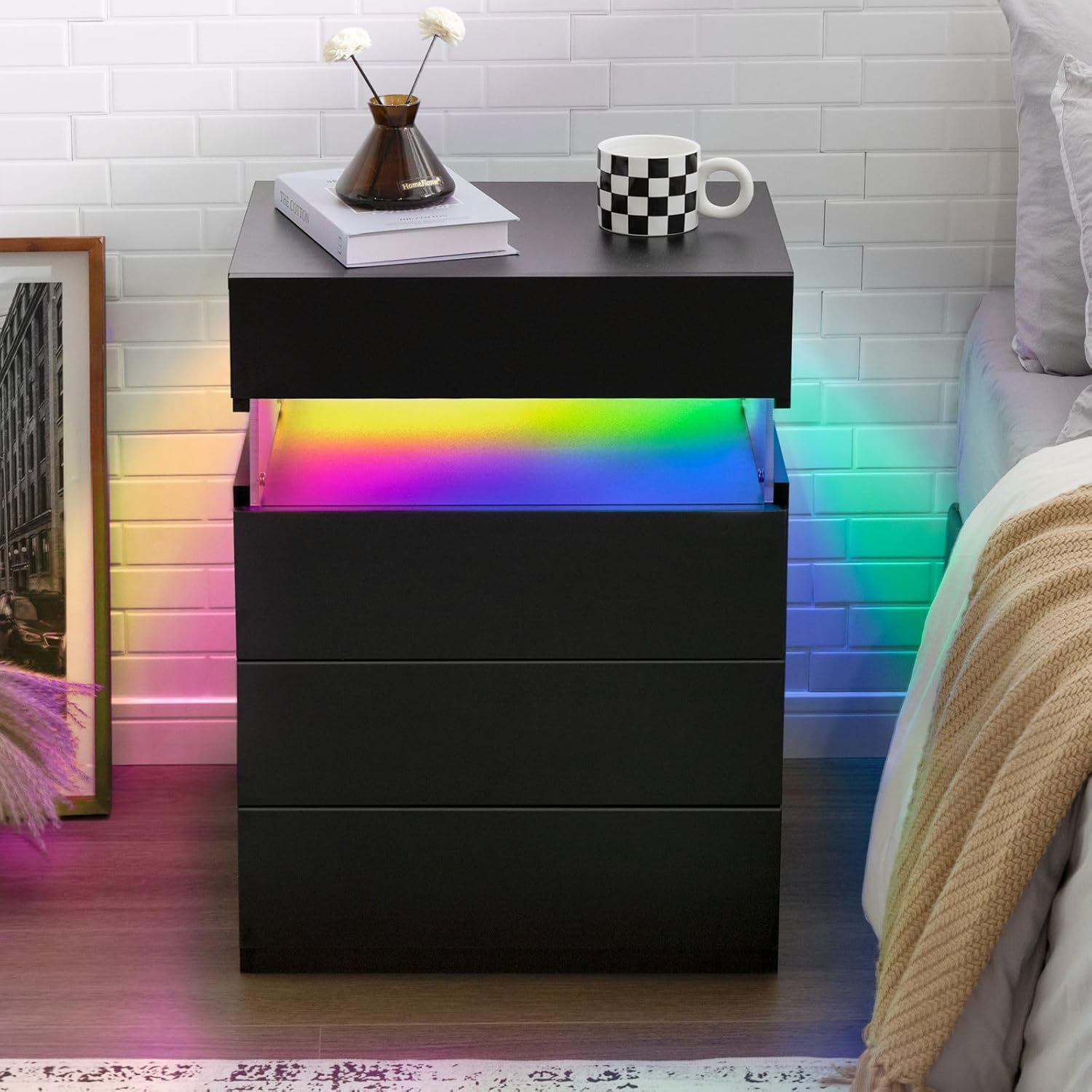 Gray Night Stand with 4 Drawers Large Nightstand LED Night Stand for ...