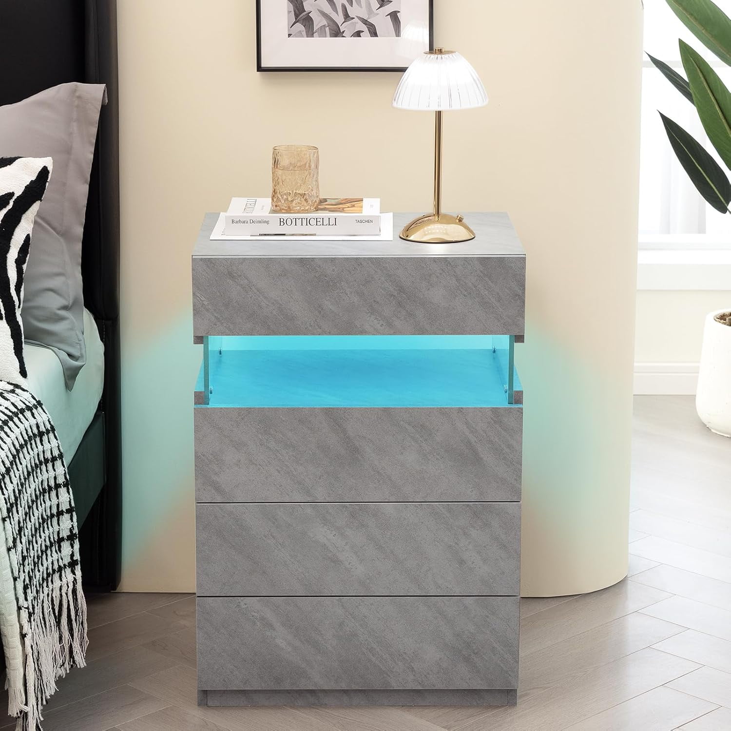 Gray Nightstand LED with Drawers Wide Night Stand with 4 Drawers Modern ...