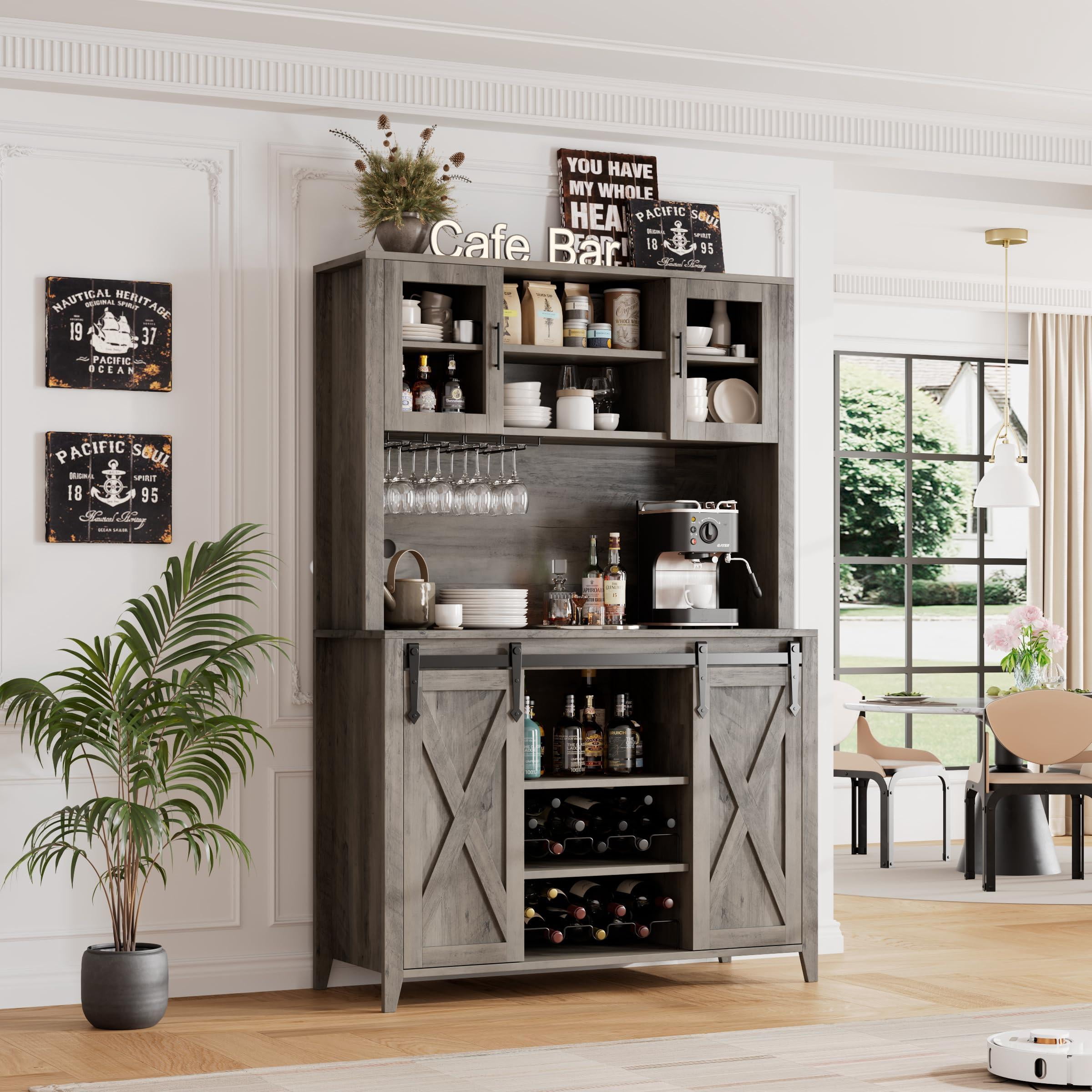 Gray Oak 70 Inch Tall Sliding Barn Door Wine Coffee Bar Storage Cabinet ...