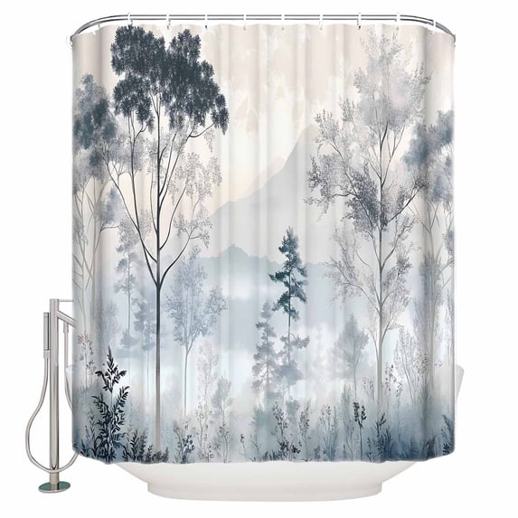 Gray Ombre Forest Bathroom Shower Curtains with 12 Hooks Polyester ...