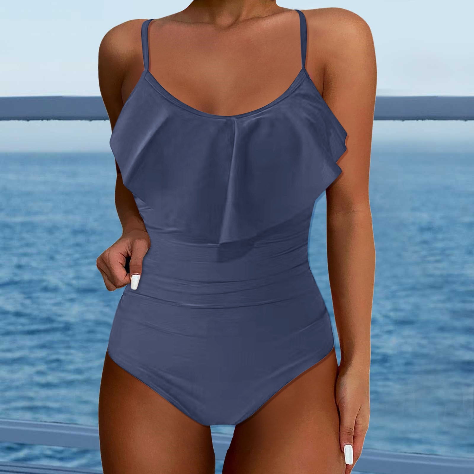 Gray One Piece Swimsuit Womens Swimsuit Tummy Bathing Suit Cute Slimming Flattering Ruffle ...