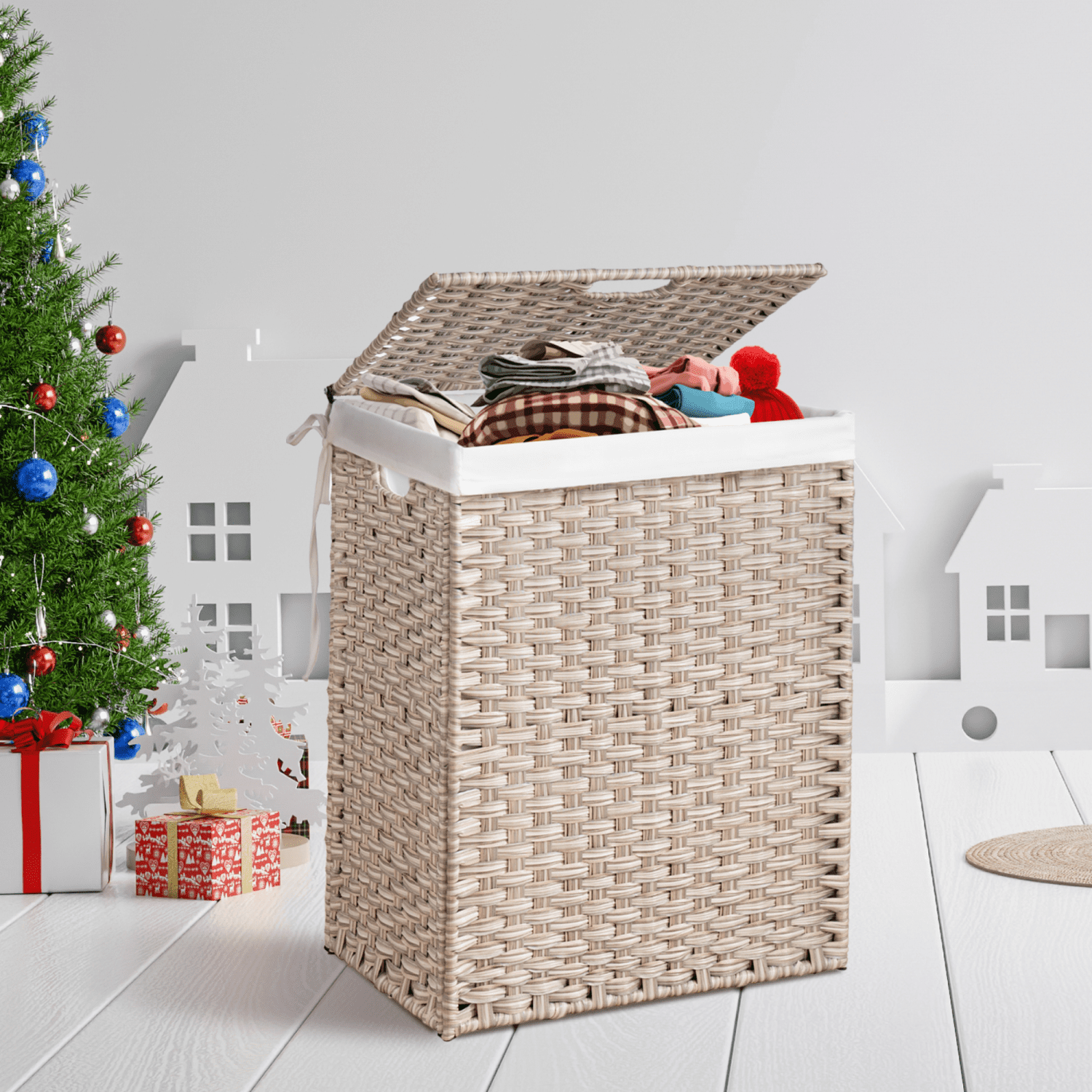 Gray PE Rattan Laundry Hamper With Lid Powder Coating Frame 100L ...