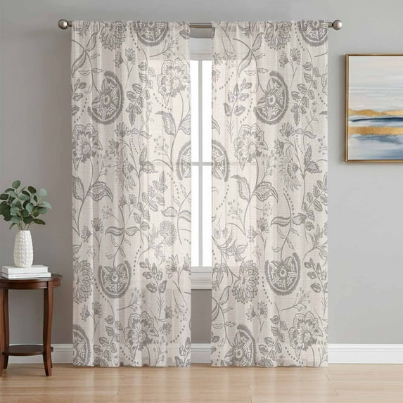 Gray Paisley Floral Semi Sheer Curtains 108 Inch Length 2 Panels Set ...