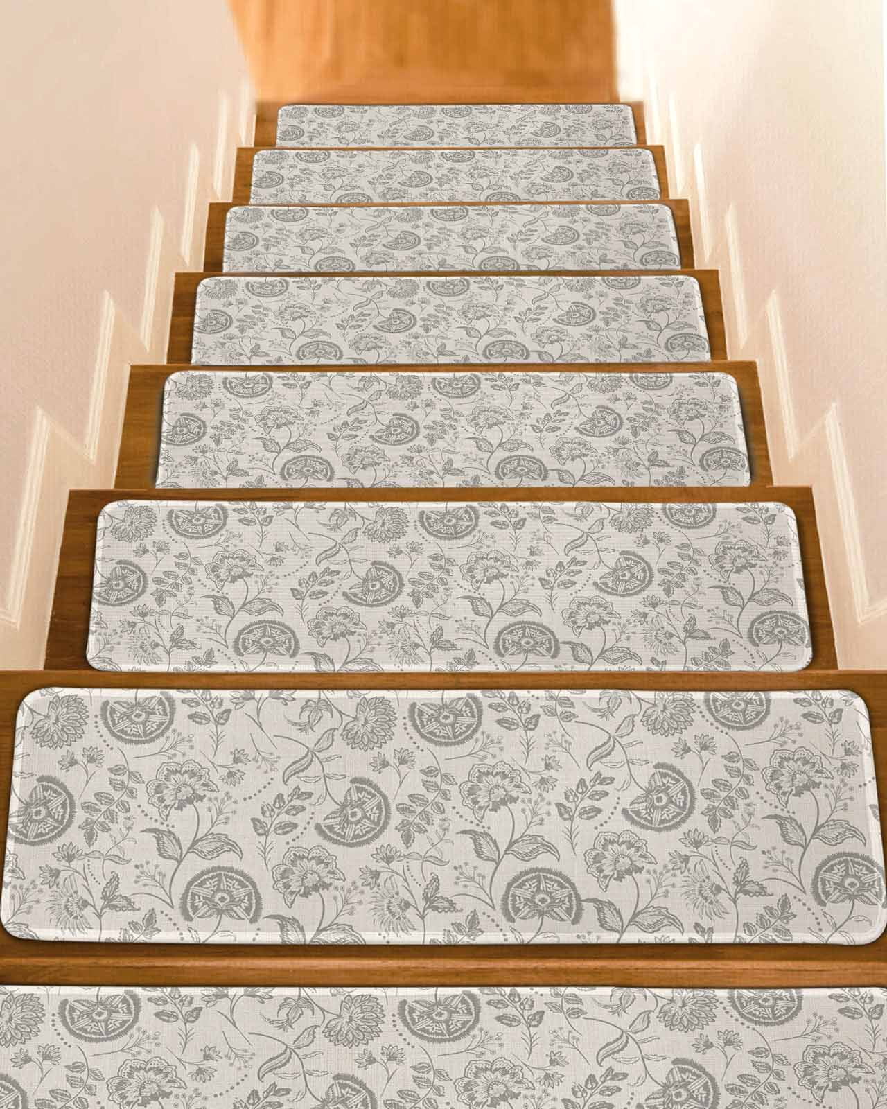 Gray Paisley Floral Stair Treads for Wooden Steps Indoor Runner Rug ...