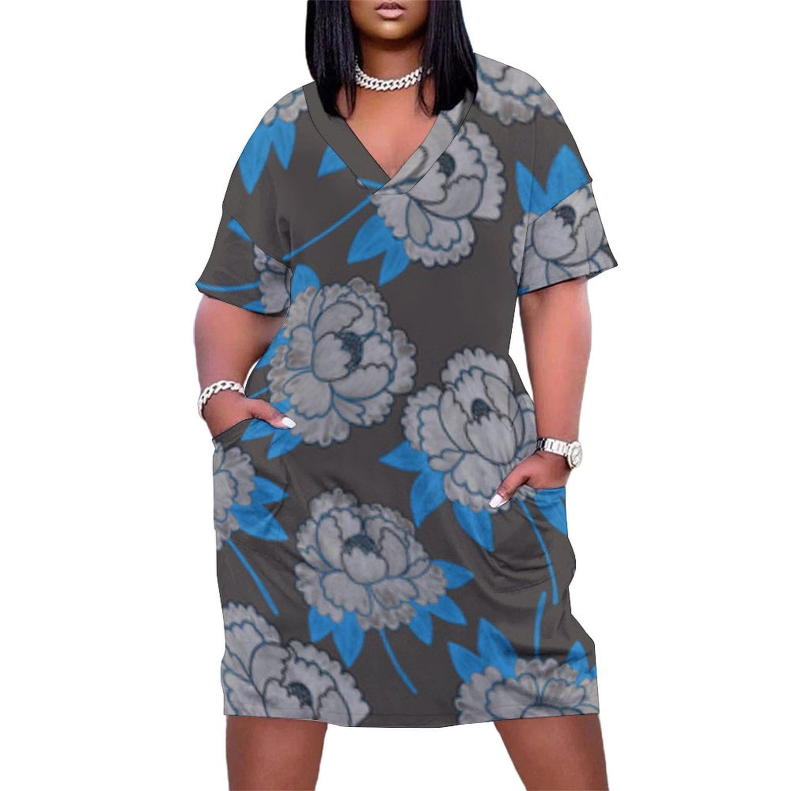 Gray Peonies Blue Leaves Dark Background Summer Sundress for Curve ...