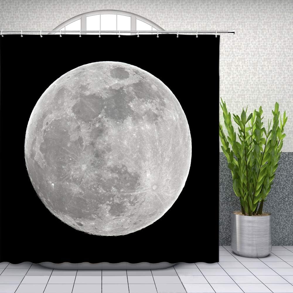 Gray Planet Shower Curtain Space Moon Bathroom Decor Black Background ...