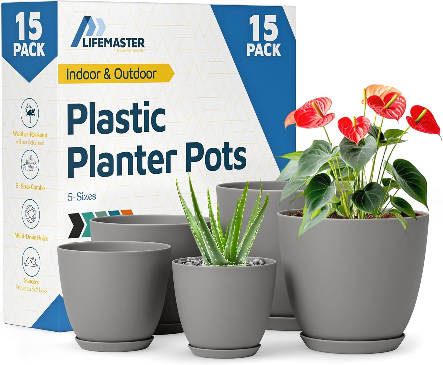 Gray Plant Pots with Drainage Holes & Saucers 15 Packs, Indoor ...