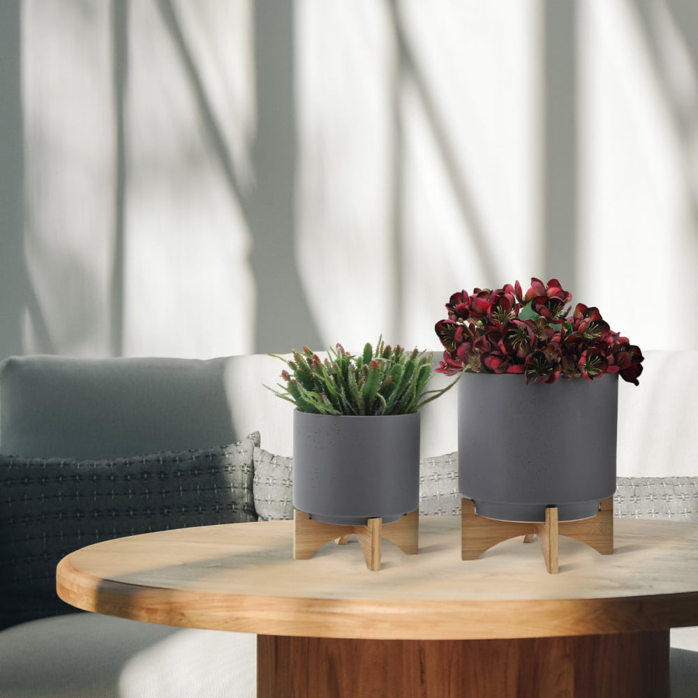 Gray Planters with Wood Stand 8/10” Indoor Outdoor Decor - Walmart.com