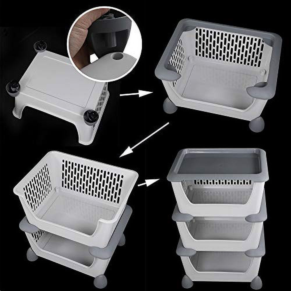 Gray Plastic Stacking Organizer Basket with Wheels, 3-Tier Multi ...