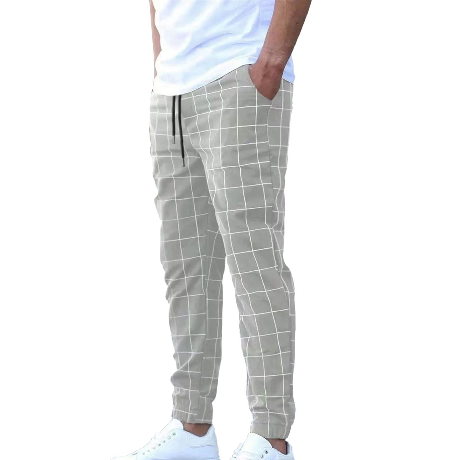 Gray Pleated Plaid Straight Leg Elastic Waist Plain Long Leg Workout ...