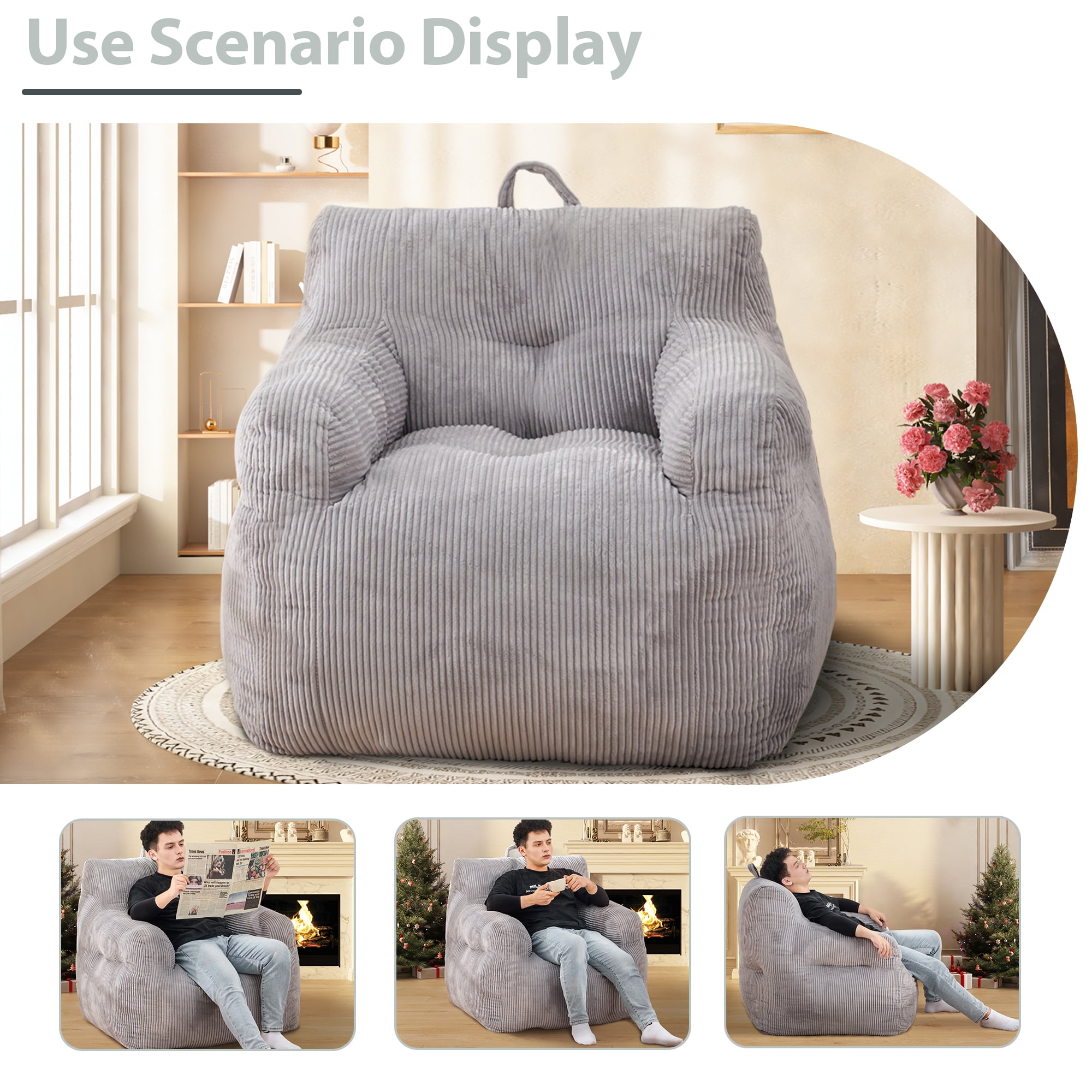 Gray Plush Bean Bag Chair, High Density Memory Foam Bean Bag Chair Lazy ...
