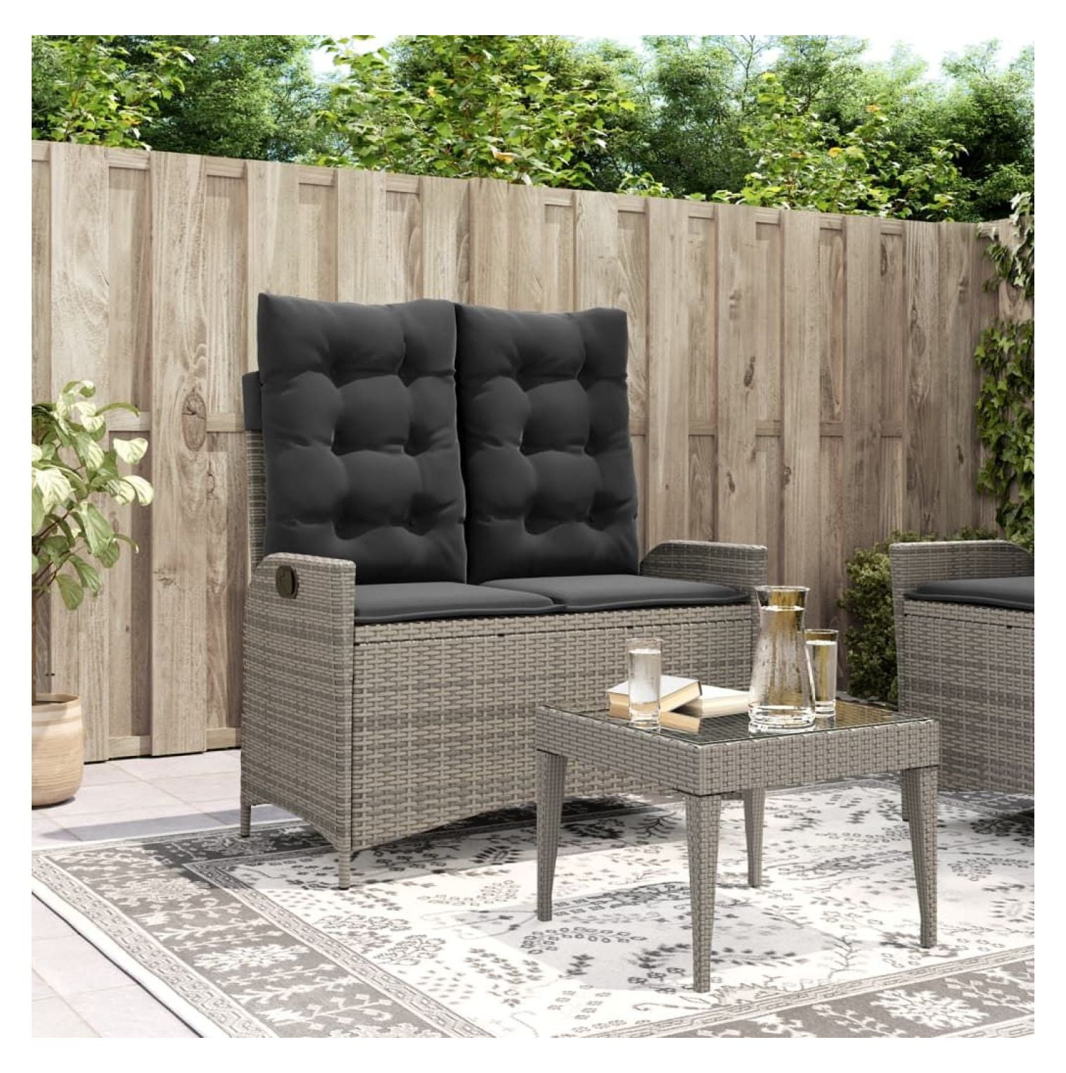 Gray Poly Rattan Reclining Patio Bench with Cushions - Outdoor Lounge ...