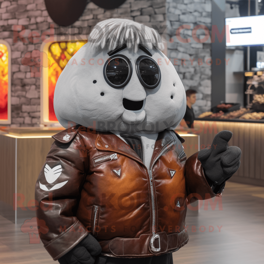 Gray Potato REDBROKOLY mascot costume character dressed with a Leather ...