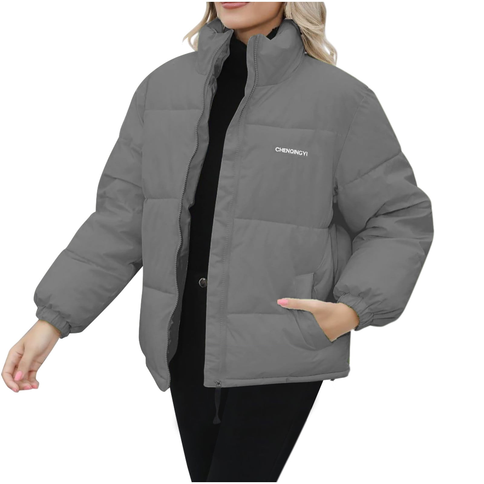 Gray Puffer Jackets for Juniors Fall Winter Thermal Puffer Plain Padded ...