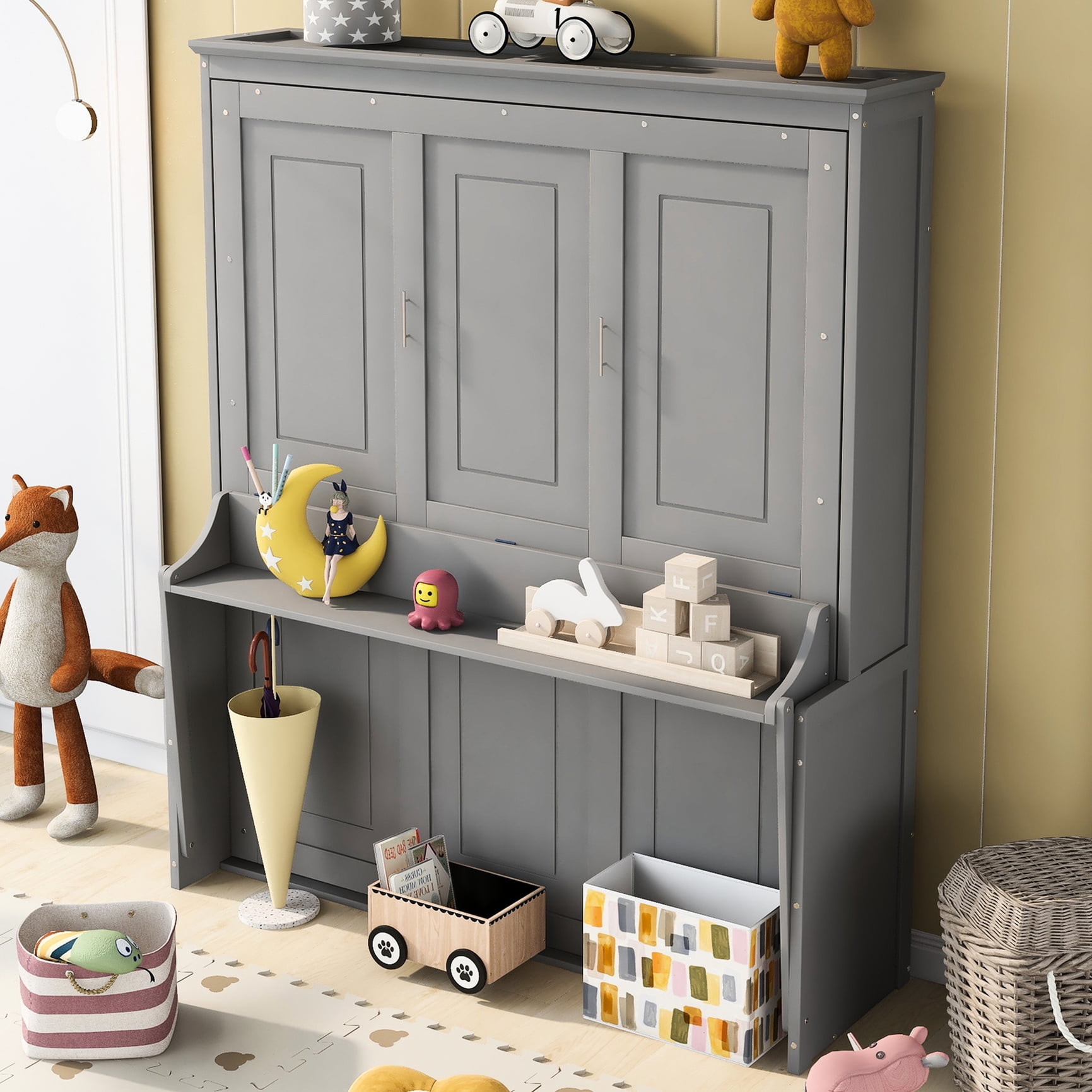 Gray Queen Bed With Versatile Work Shelf - Bedroom Flexibility Size ...