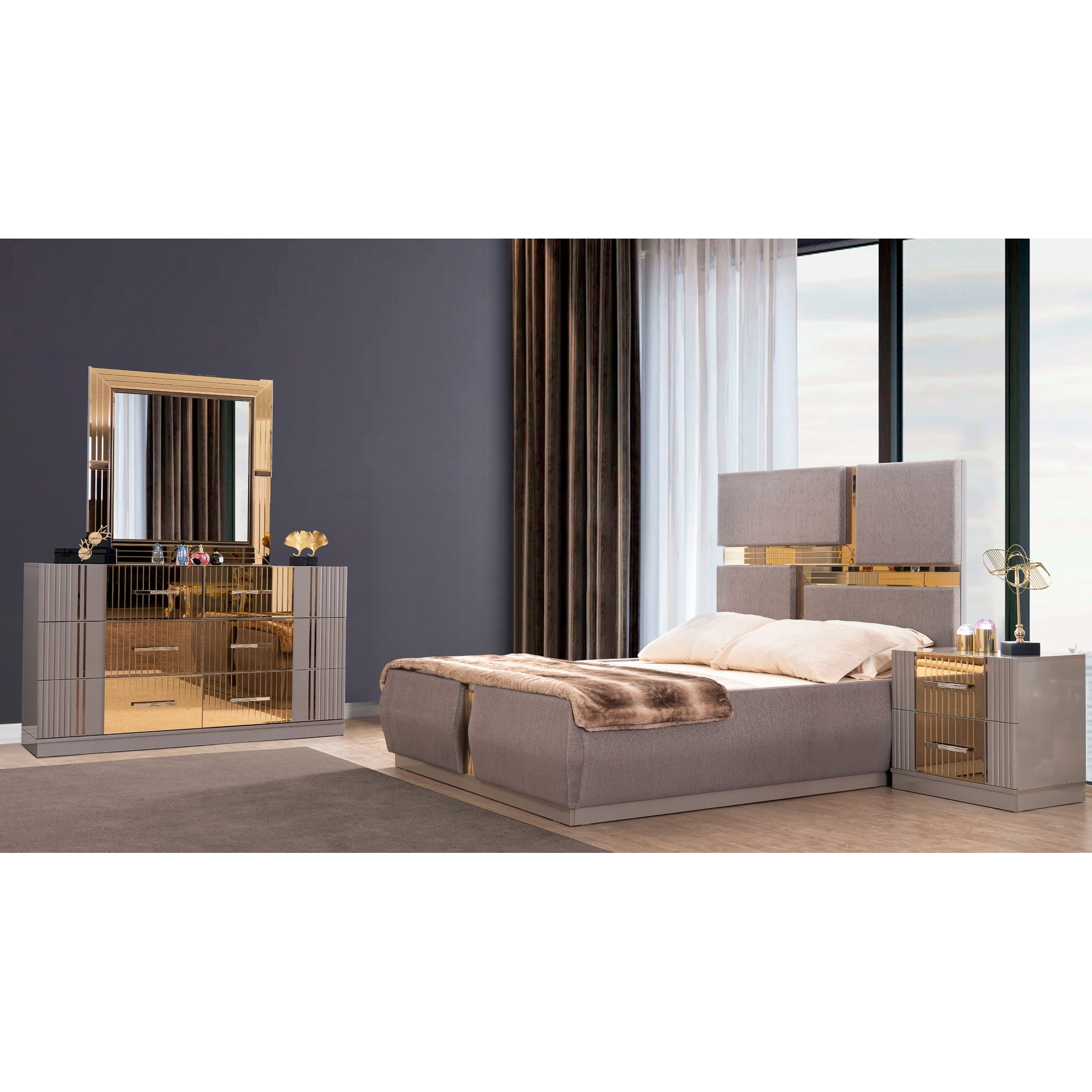 Gray Queen Bedroom Ensemble - Contemporary Style With Headboard Accents, Mirror Enhancements ...