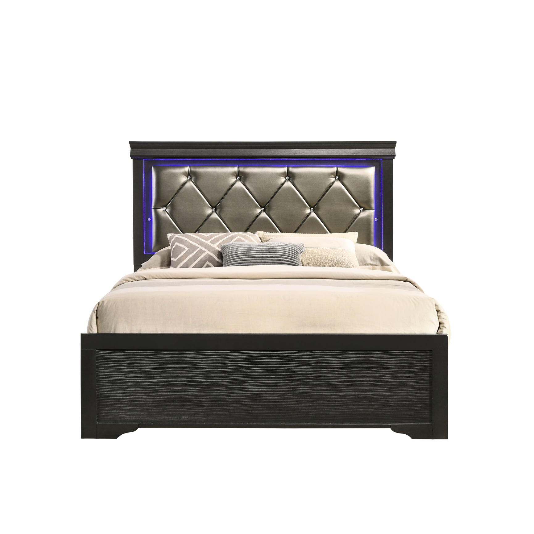 Gray Queen Size Bed With Led Headboard And Soft Upholstery Material ...