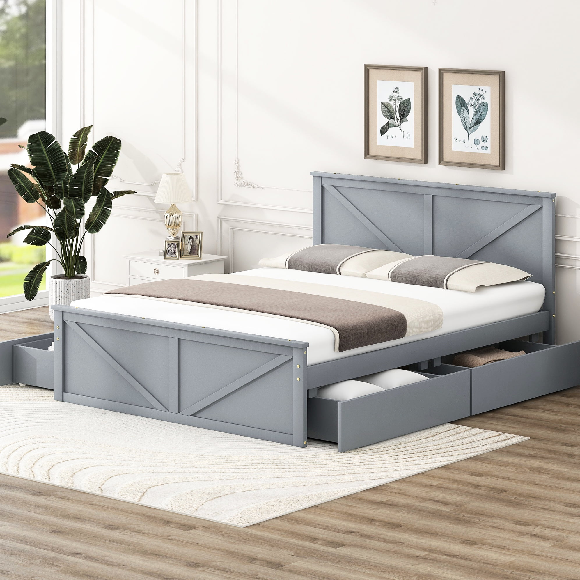 Gray Queen Size Wooden Bed With Four Storage Compartments And Center ...