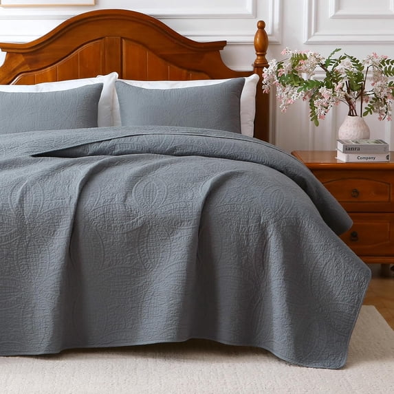 Gray Quilt Set, 3 count Modern Textured Bedspread with , Lightweight ...