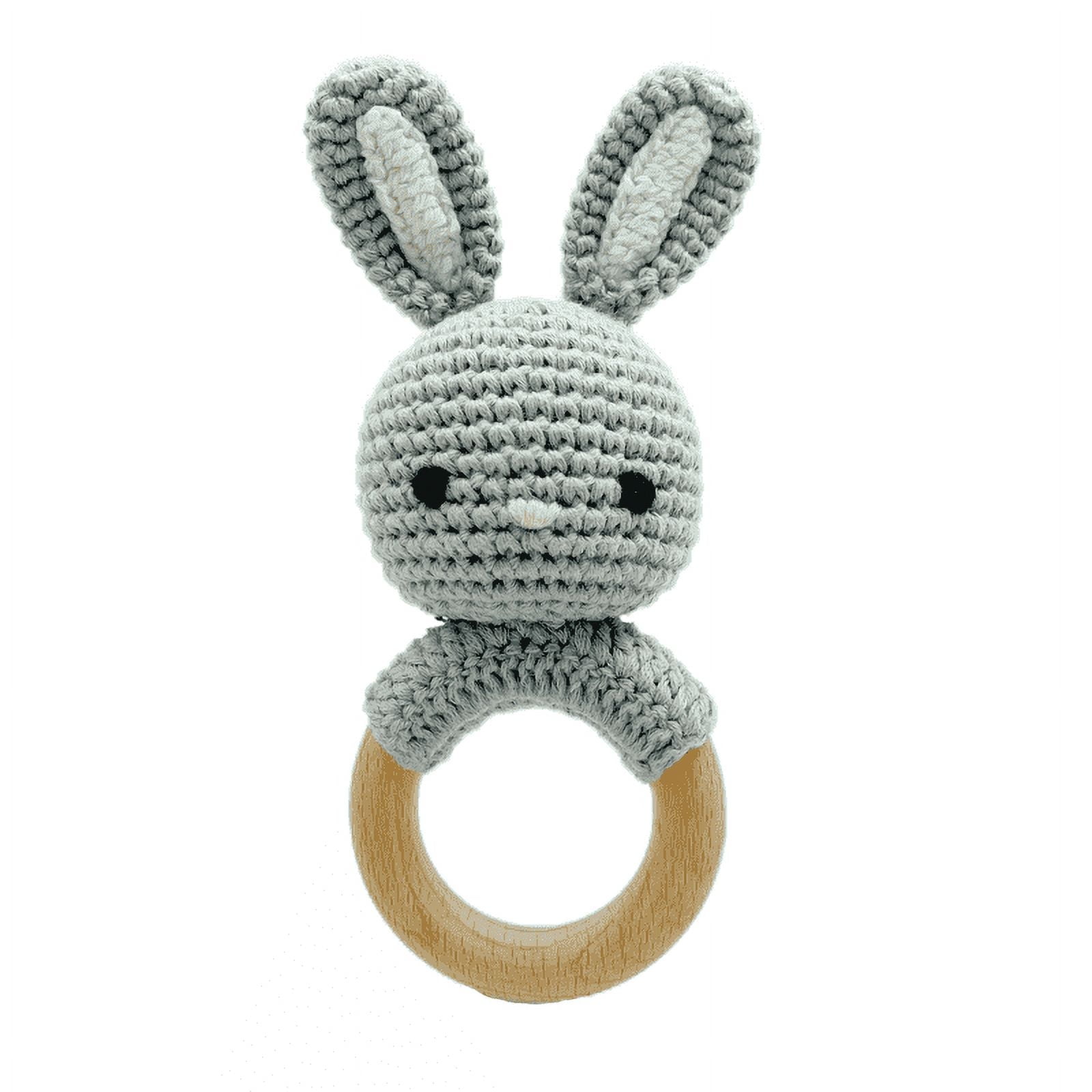 Bunny Wooden Baby Rattle with Wooden Teething Ring, Handcrafted Crochet ...