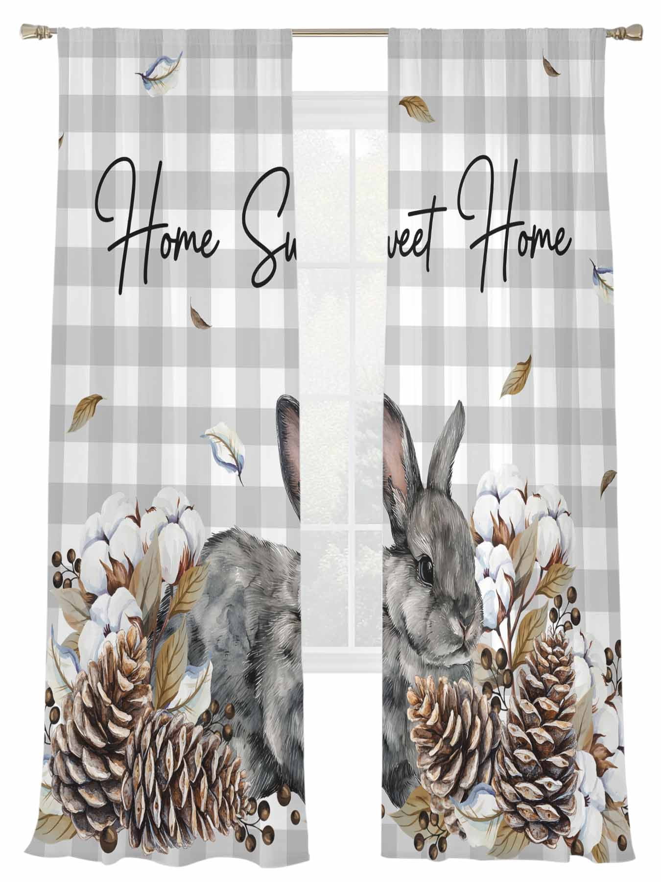 Gray Rabbits Sheer Curtains 2 Panels Set Cotton Pine Fruit Home Sweet ...