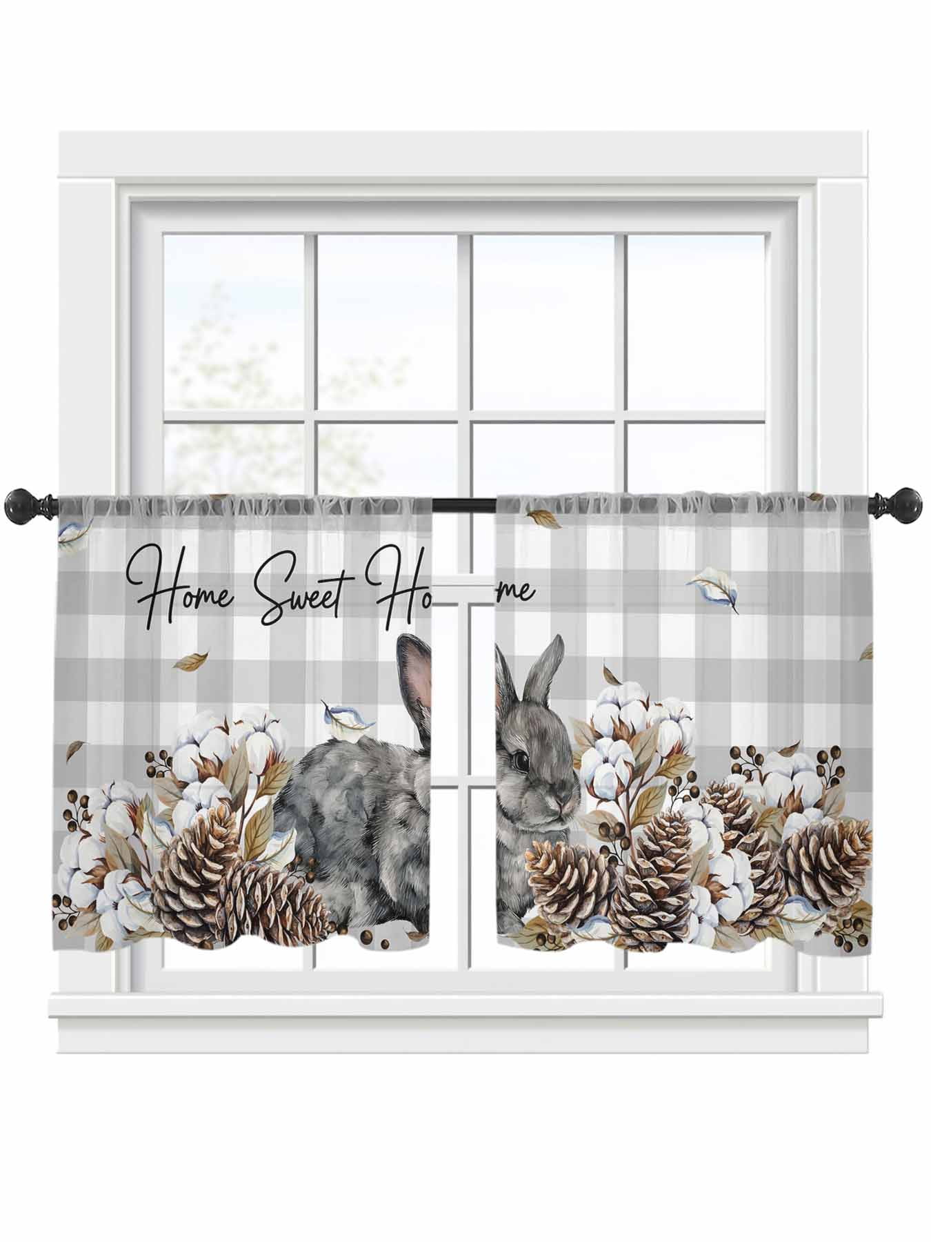 Gray Rabbits Sheer Curtains 2 Panels Set Cotton Pine Fruit Home Sweet ...