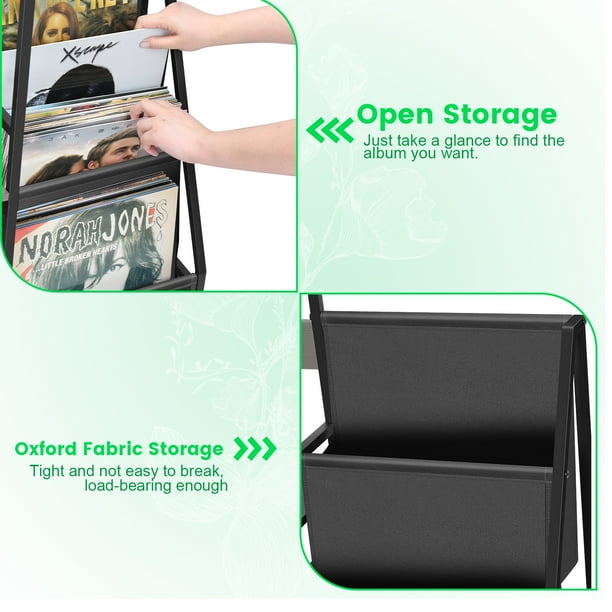 Gray Record Player Turntable Stand with Black 3-Tier Vinyl Record ...