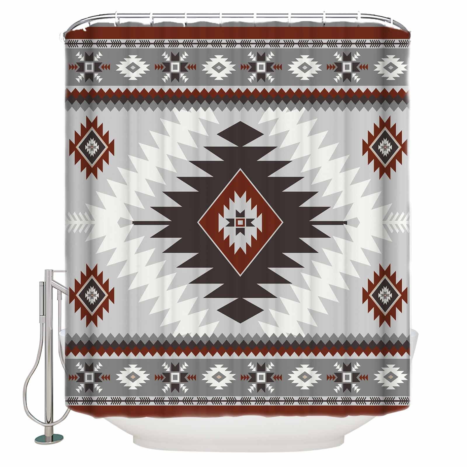 Gray Red Boho Bathroom Shower Curtains with 12 Hooks Polyester ...