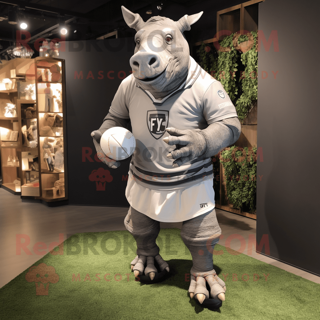 Gray Rhinoceros REDBROKOLY mascot costume character dressed with a ...