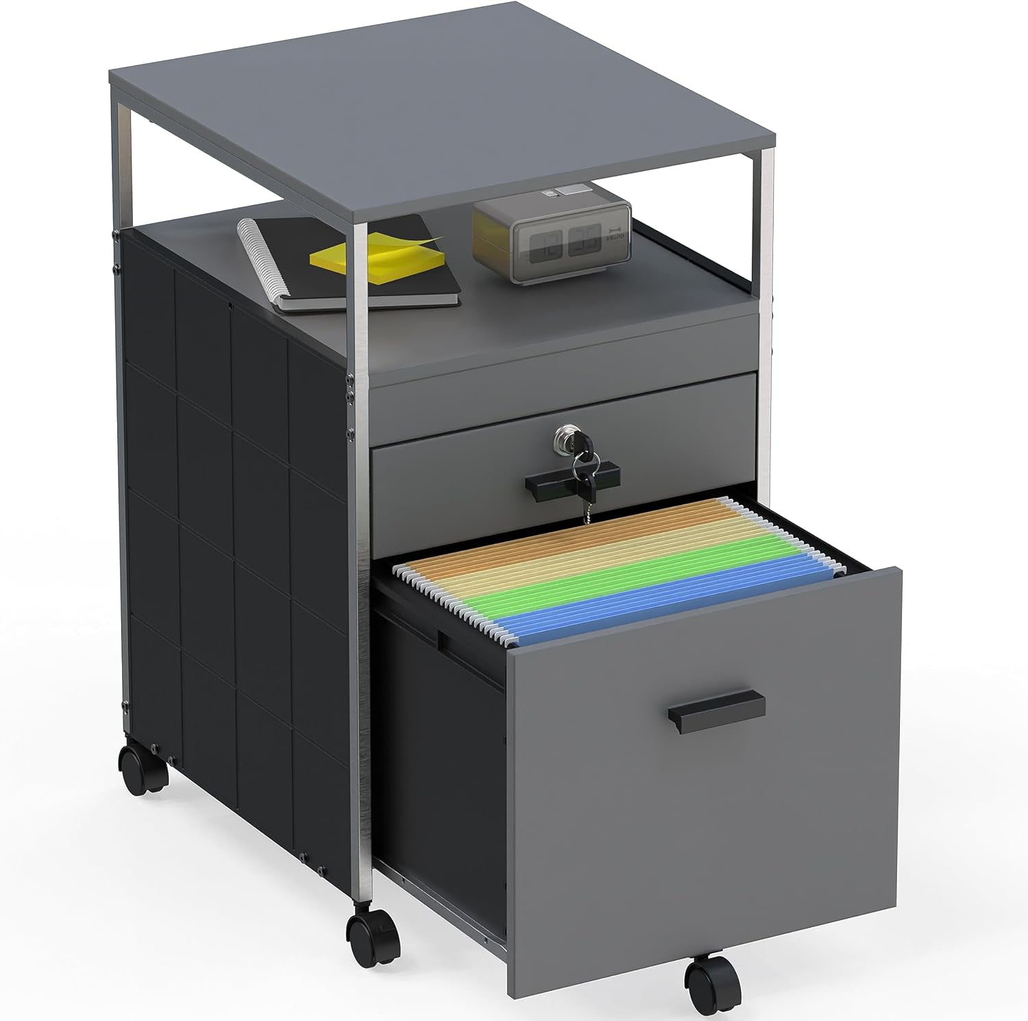 Gray Rolling Mobile File Cabinet with 2 Drawers and Open Shelf ...