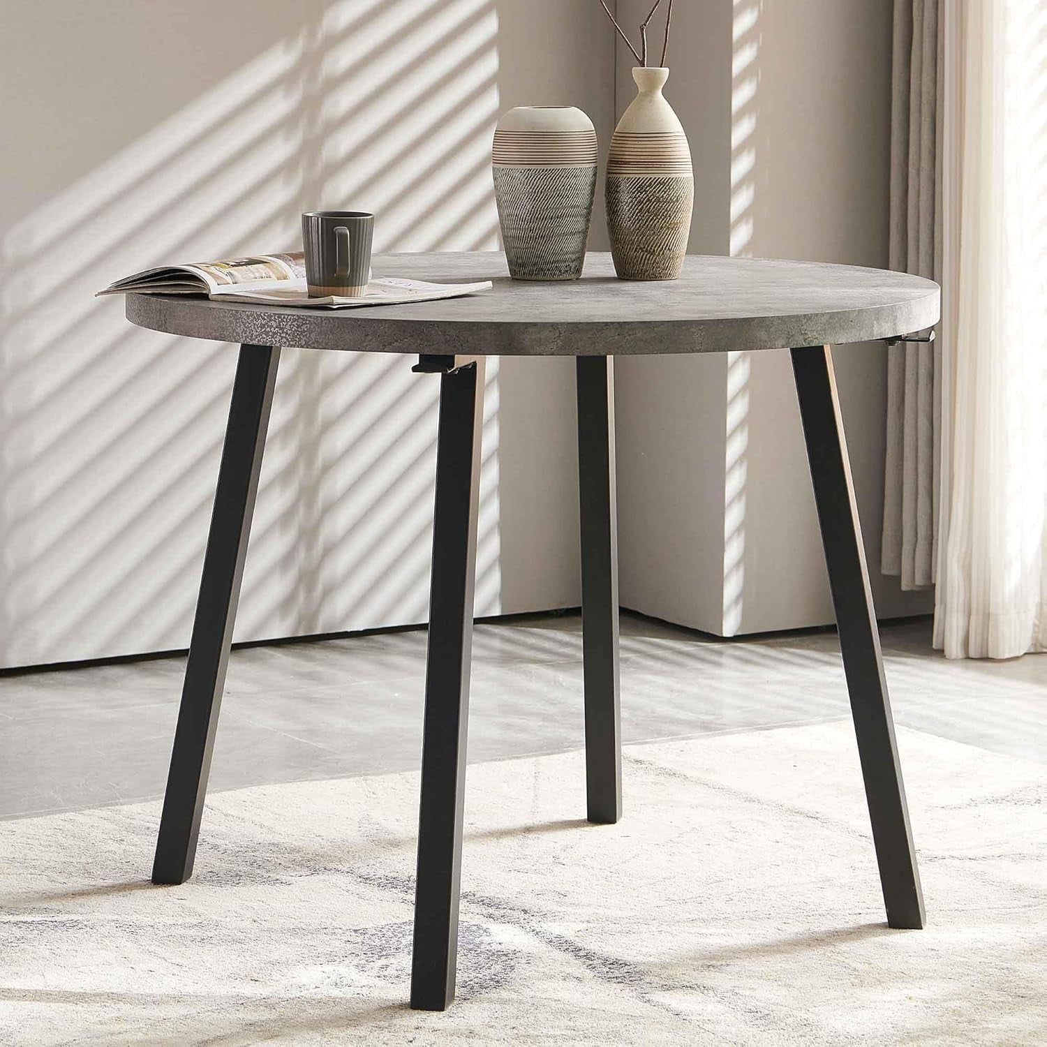 Gray Round Dining Table, 37.4 Inch Engineered Wood Top with Metal Legs ...