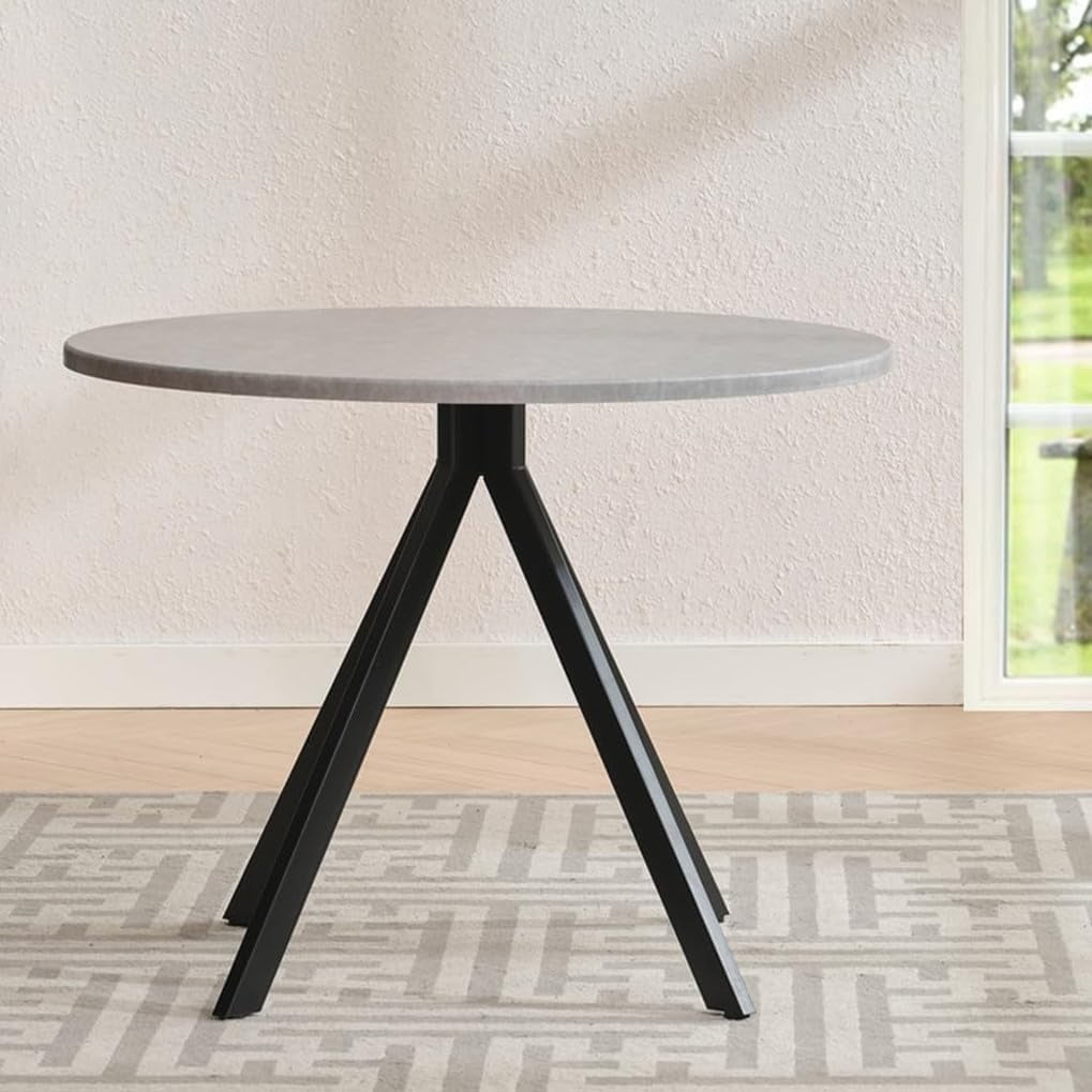Gray Round Dining Table, Mid-Century Modern Tabletop with Black Metal ...